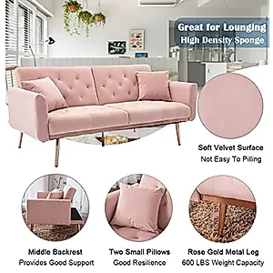 SLEERWAY Velvet Futon Sofa Bed with 5 Golden Metal Legs, Sleeper Sofa Couch with Two Pillows, Convertible Loveseat for Living Room and Bedroom, Pink