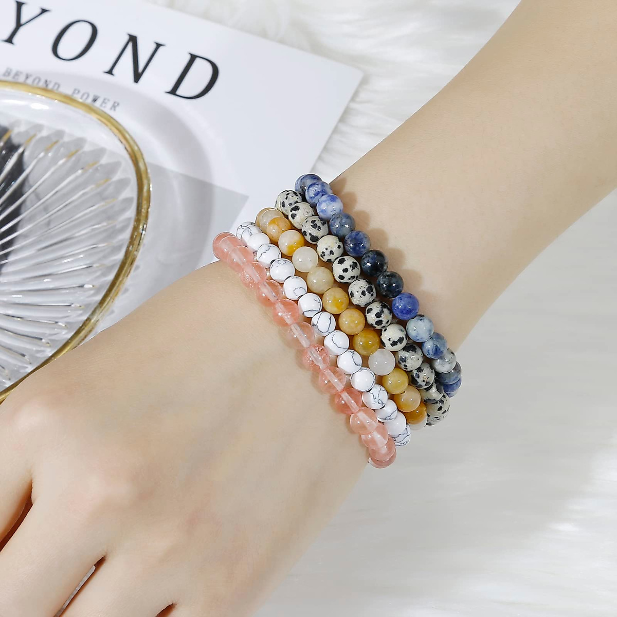 EACHAR 12Pcs 6MM/8MM Round Natural Stone Bracelets Beads Healing Crystals Quartz Y2K Stretch Bracelets for Women Men Girls Gifts Unisex (BE000002-1) (6MM)