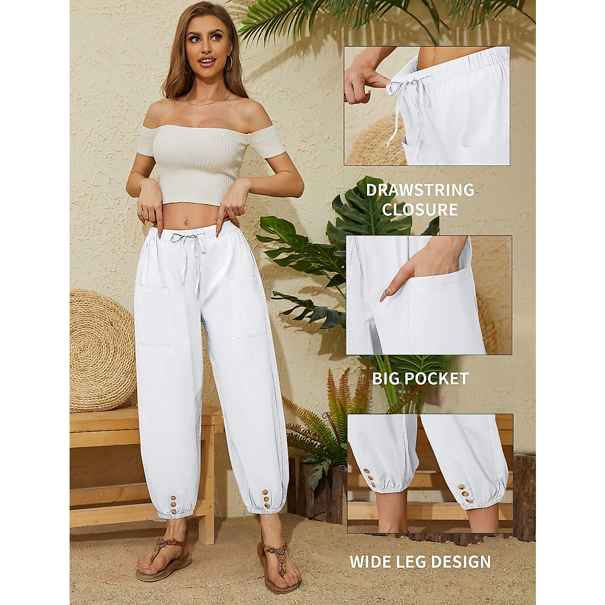 Women Capri Pants Casual Baggy Drawstring Elastic High Waist Wide Leg Cropped Pants Trousers with Pockets Summer White