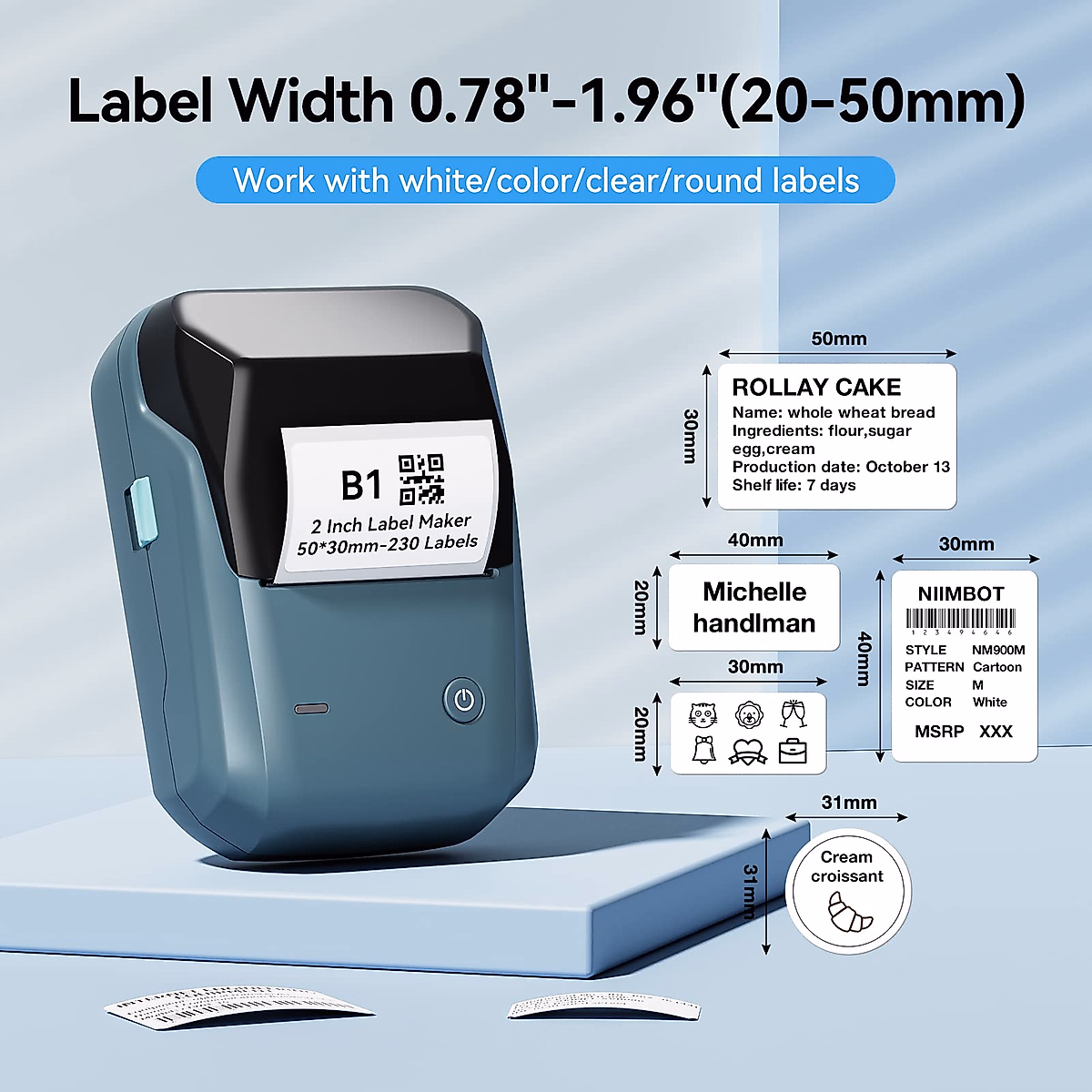 Label Makers B1 Portable Bluetooth Label Maker with Tape, New 2 Inch Thermal Label Printer for Barcode, Clothing, Address, Mailing, Compatible with Smartphone & Computer, with 1pack 50×30mm Label