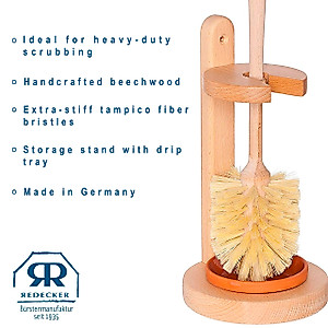REDECKER Oiled Beechwood Toilet Brush Stand with Tampico Fiber Toilet Brush, 9-7/8 inches - Natural Bristles are Heat-Resistant and Retain Shape, Made in Germany - Wood Toilet Brush Set