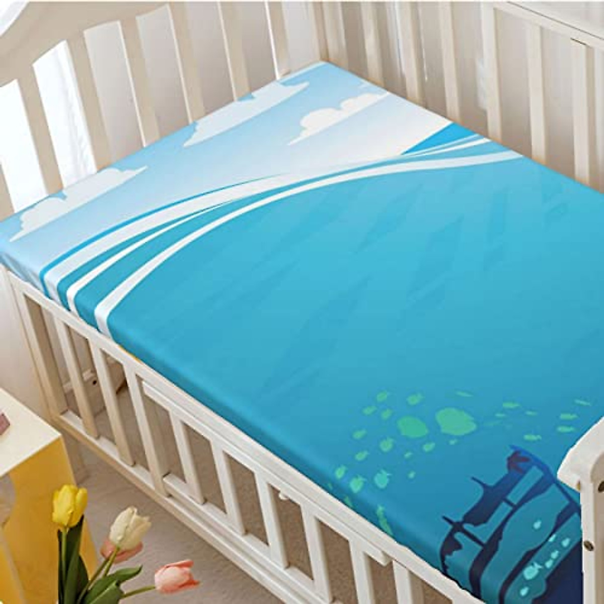 Reef Themed Fitted Mini Crib Sheets,Portable Mini Crib Sheets Soft & Stretchy Fitted Crib Sheet-Great for Boy or Girl Room or Nursery,24“ x38“,Sea Blue Multicolor