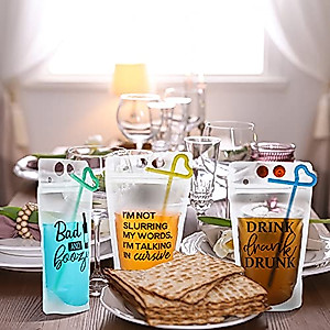 Patelai 24 Sets Drink Pouches with Straws Plastic Drink Bags with Zipper Party Beverage Bags Juice Pouches for Adults(Black Letters)