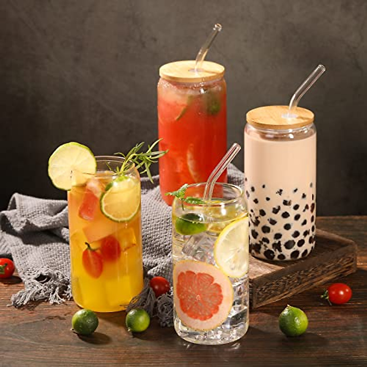 Glass Cups with Bamboo Lids and Straws 4pcs Set,16oz Wide Mouth Drinking Mason Glass Tumbler,Reusable Beer Cans Glasses,Iced Coffee Glass, Juice Boba Cup, Pearl Glass,Milk Cup -wih 2 Brushes