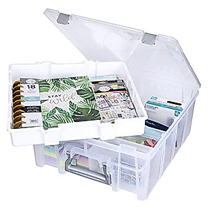 AB Designs 6899ABD Super Satchel Double Deep with Lift-Out Tray and Removable Dividers, Stackable Home Storage Organization Container, Clear with Sliver Latches and Handle