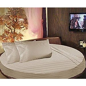 White House Linen Ultra-Soft Luxury 600 Tc Egyptian Cotton 3pc Round Bed Sheet Set Taupe Stripe 96" Diameter + Standard Size15 Inches Deep Pocket
