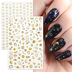 TailaiMei 12 Sheets Gold Moon Star Nail Stickers, 3D Metallic Laser Self-Adhesive Nail Art Decals for Women Manicure DIY or Nail Salon(1000Pcs)