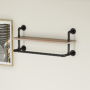 MAIKAILUN Wall Mounted Clothes Rack with Wood Shelf,36" Long Industrial Pipe Clothing Rack with Shelf Heavy Duty Iron Garment Rack Bar,Retail Display Clothes Rod for Clothes,Laundry Room,Black