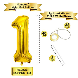 40 Inch Gold Number Balloons, Helium Mylar Foil Number Balloons for Birthday, Number 1 Balloon for 1st Birthday Decorations for Kids, Anniversary Party Decorations Supplies