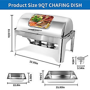 Umisu 9.46 Qt Roll Top Chafing Dish Buffet Set with Visible Glass Lid, Stainless Steel Chafing Dishes for Buffet, Chafers and Buffet and Warmers Set for Weddings, Hotels and Parties