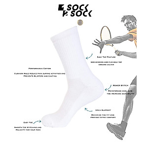 1SOCK2SOCK 6 Pack Performance Cotton Cushion Crew Athletic Sport Socks Moisture Wicking Arch Support Band White