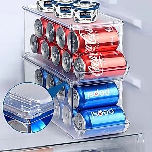 Refrigerator Organizer Bins, Soda Can Organizers, Stacking Drink Dispenser Holders Storage with Lids for Pantry, Fridge, Freezer, Kitchen, Cabinets-Holds 9 Cans Each, BPA-Free, Clear Design, (4-Pack)