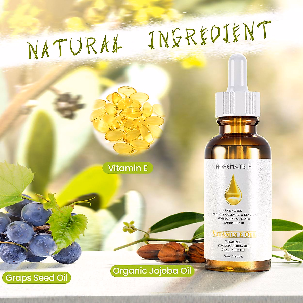 HOPEMATE H Vitamin E Oil - Anti Aging, Reduce Wrinkles and Fine Lines for Moisturized & Youthful Skin - Pure & Natural Vitamin E Serum for Face, Hair, Nails (1 oz)