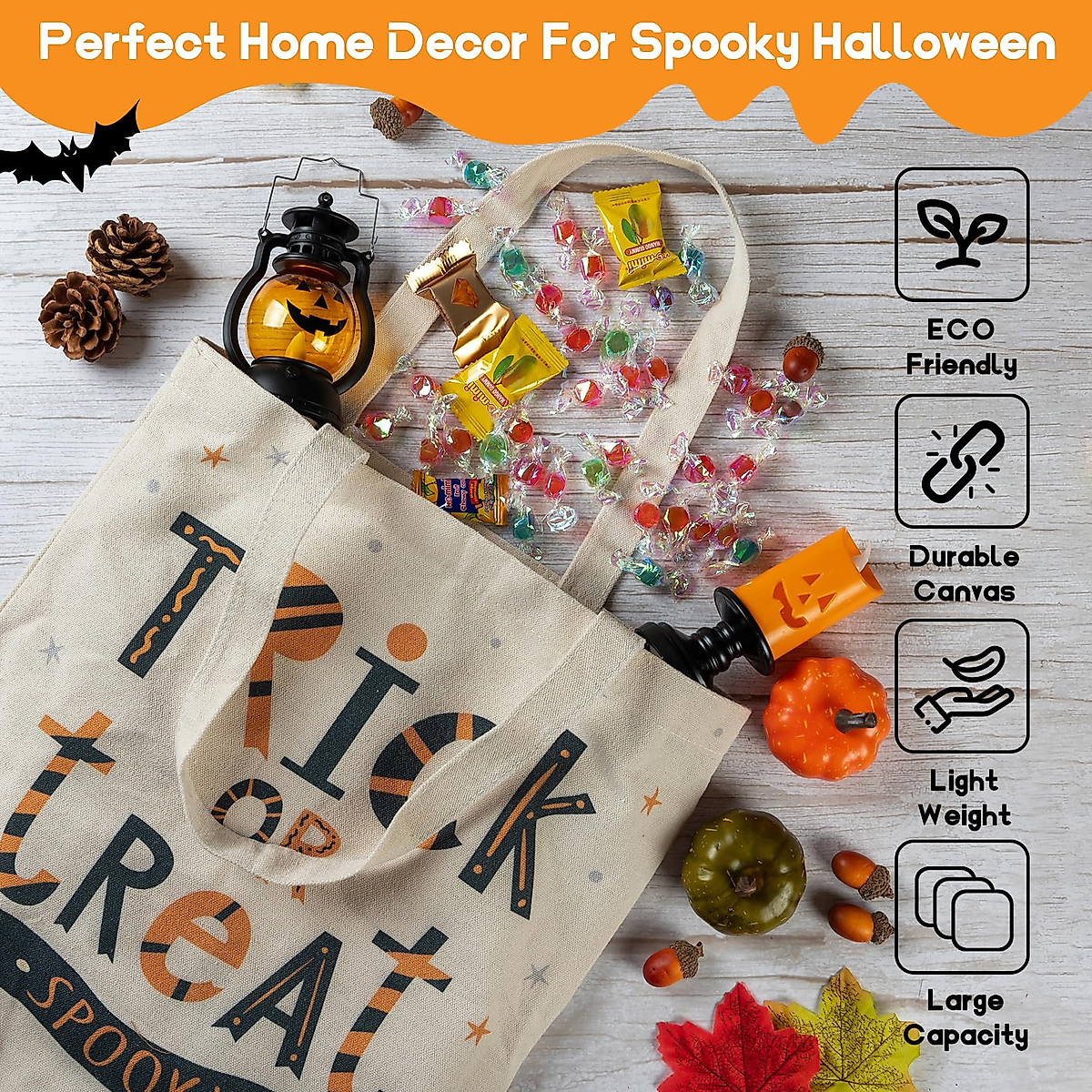 ATFUNSHOP 13.8" Large Halloween Tote Bag Trick or Treat Canvas Reusable Large Bucket for Kids