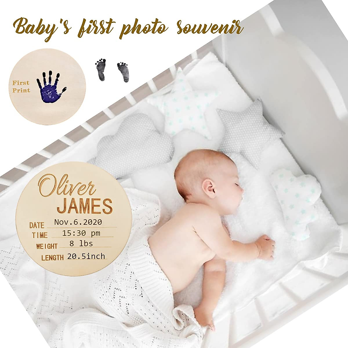 Newborn Announcement Sign Wooden for Baby Name and Birth Details for Hospital Custom Photo Baby Announcement Sign Fingerprint Footprints can be Left on The Back （4-6inch）