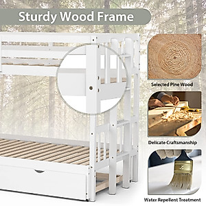 KOTEK Pull-Out Bunk Bed with Trundle, Twin Over Full, Twin Over 2 Twins Bunk Bed with Ladder & Safety Rails Accommodate 4 People, Detachable Solid Wood Bunk Bed for Kids, Adults (White)