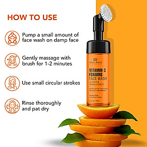 Botanic Hearth Vitamin C Foaming Face Wash with Papaya & Orange | Extracts Built-In Silicone Brush | Cleansing & Glowing Skin | Paraben & Sulphate Free | Face Cleanser for Women & Men | 5.1 fl oz