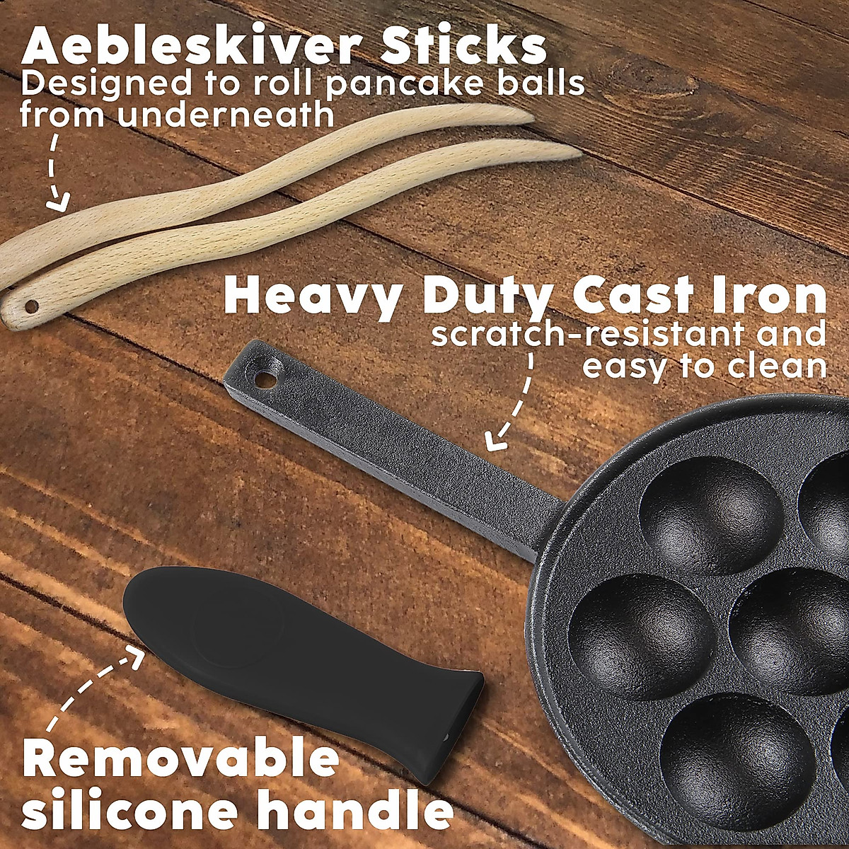Upstreet Cast Iron Aebleskiver Pan/Ebelskiver Pan/Ideal for Mini Pancake Mold, Cake Pop Pan, and Takoyaki Maker for Danish Stuffed (Black)