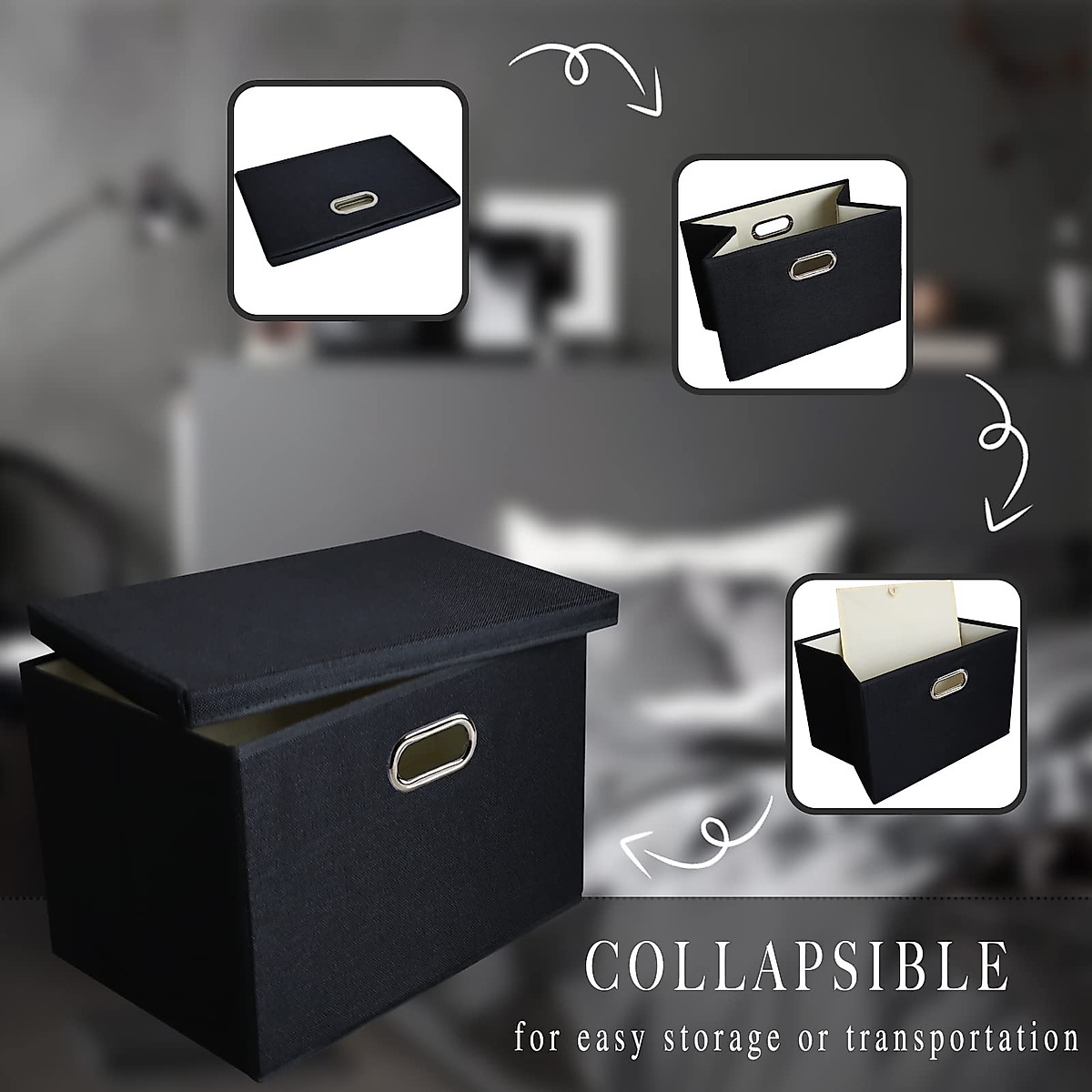 Golden Bauhinia Linen Fabric Collapsible Storage Bins with Lids - Multi-Purpose Organizer Containers for Home, Bedroom, Closet, Office, and Nursery (17.3’’x 11.8’’x 11.6’’)