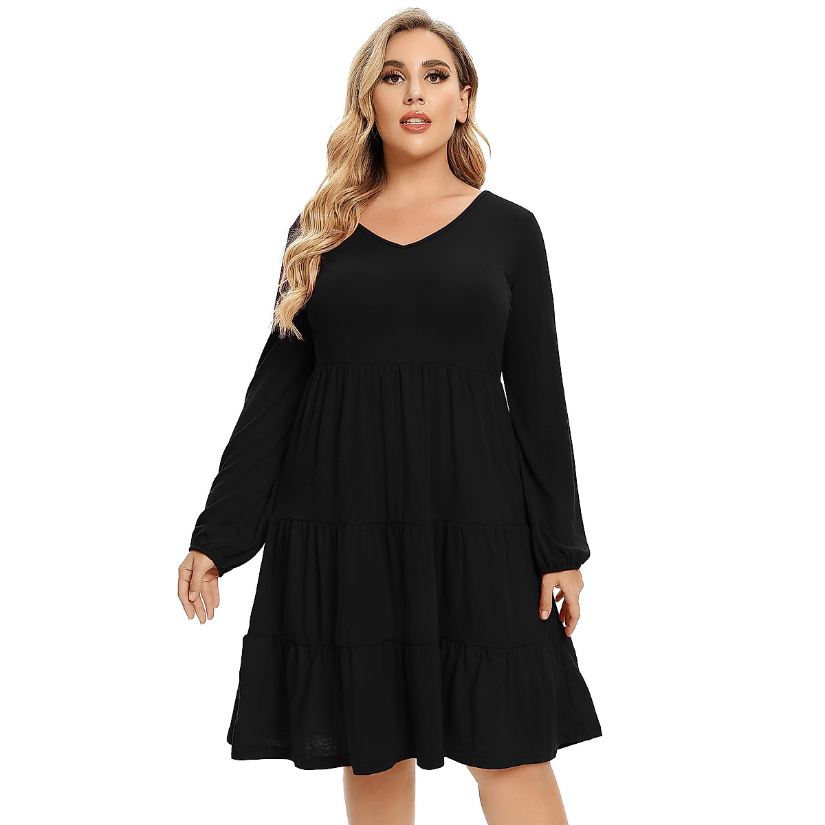ShopWonder Women's Plus Size Casual Tunic Mini Dress Lantern Sleeve Ruffle Hem V Neck Loose Swing Fall Dresses Plus Size(Black,2XL)