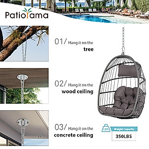Patiorama Indoor Outdoor Egg Swing Chair with Stand, Patio Grey Wicker Rattan Hanging Chair with Rope Back, Cushion,Cover,All Weather Foldable Hammock Chair for Bedroom, Porch, Garden (Dark Grey)