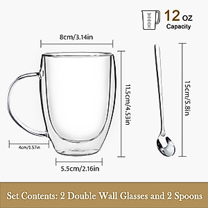 FULGNU Double Wall Glass Coffee Mugs, 12 Oz Clear Coffee Mugs with Handle, Insulated Glass Coffee Mugs Set of 2, Perfect for Espresso, Cappuccino, Latte, Americano, Tea Bag, Beverage
