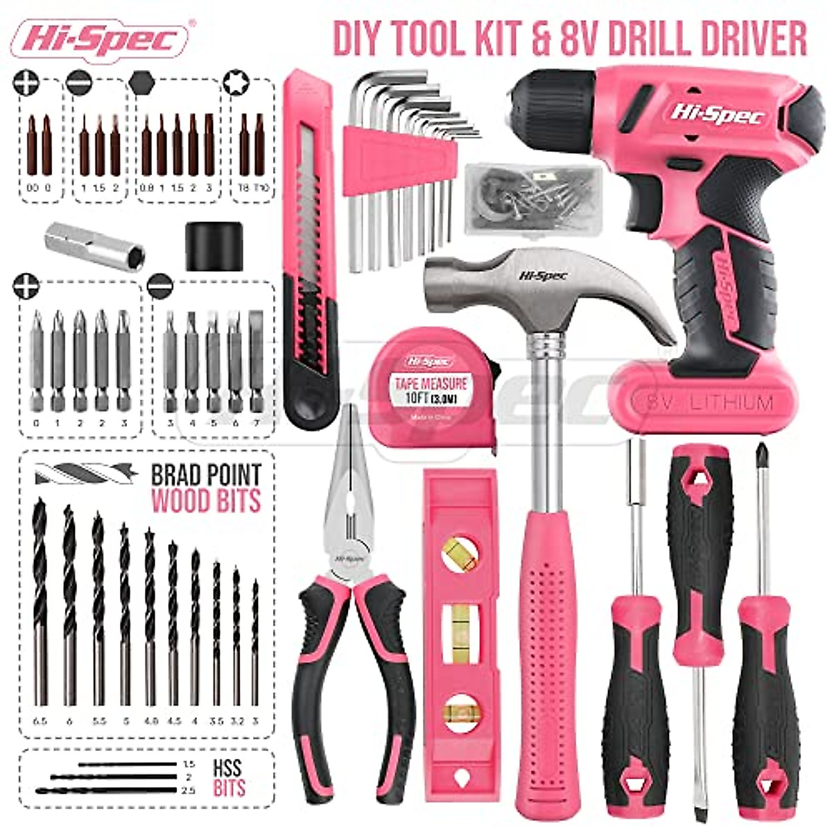 Hi-Spec 58pc Pink 8V USB Electric Drill Driver & Household Tool Kit Set With Variable Speed DIY Cordless Power Screwdriver