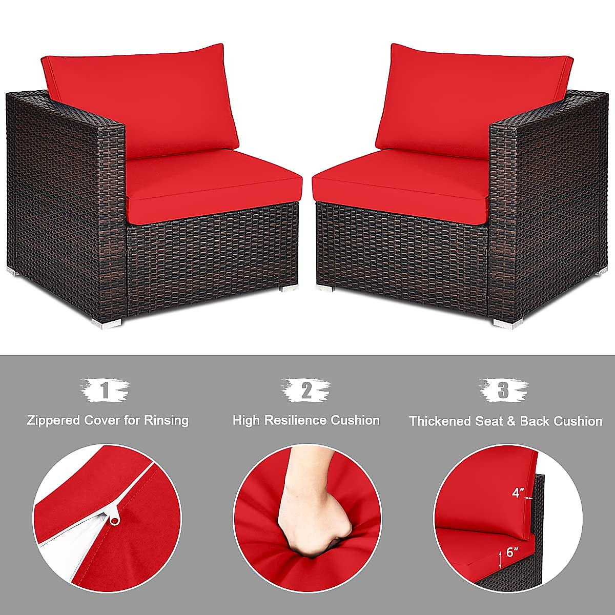 RELAX4LIFE 2-Piece Patio Rattan Loveseat - Sectional Corner Sofa Set w/Removable Cushions & Pillows, All Weather Furniture Set for Porch, Poolside, Balcony, Yard, Outdoor Wicker loveseat (Red)
