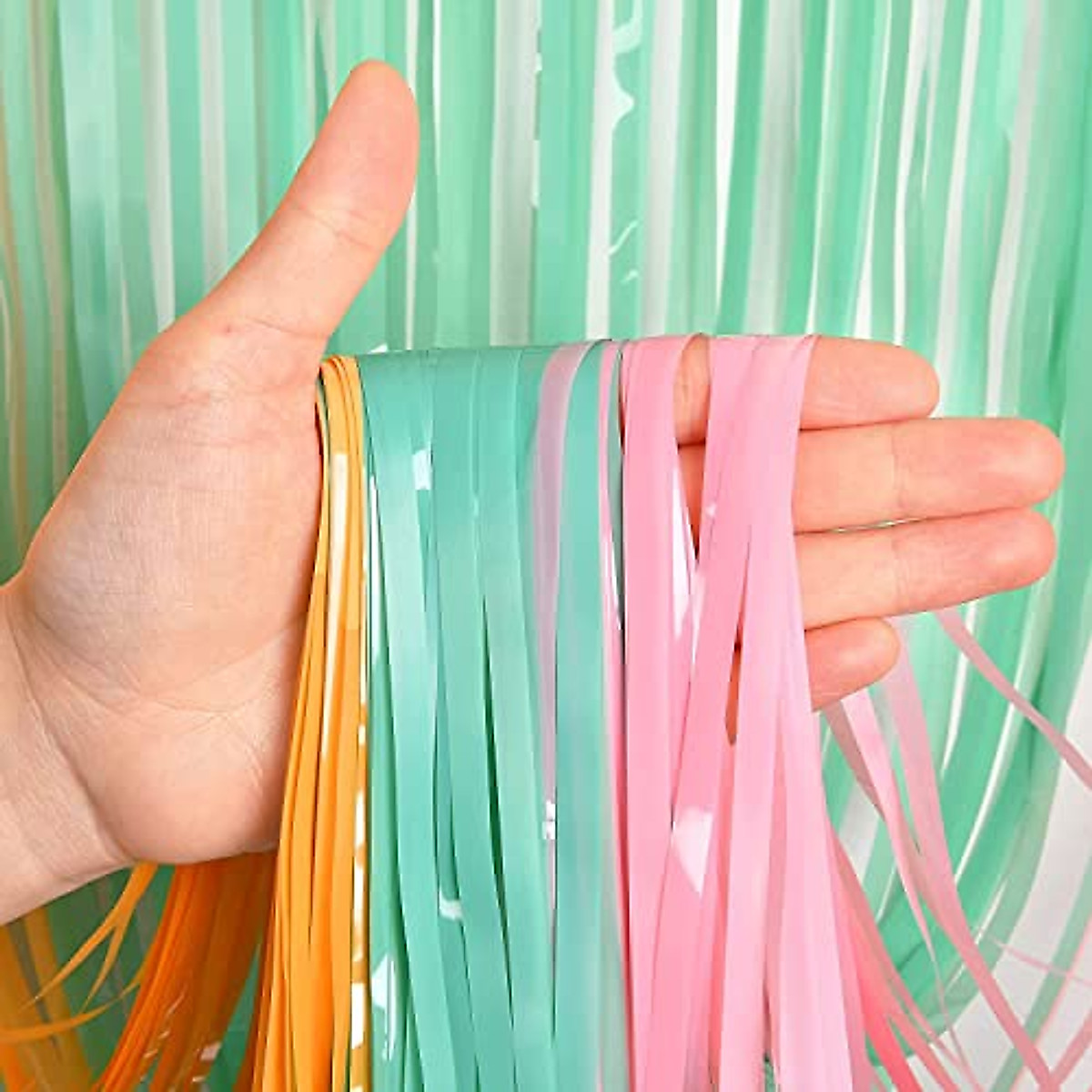 BRAVESHINE Glitter Tinsel Foil Fringe Curtains - 2Pcs 3.2x8.2ft Pastel Rainbow Photo Backdrop for Sweet Birthday Baby Shower Unicorn Mermaid Kids Candy Donut Ice Cream Easter Bunny Party Decorations