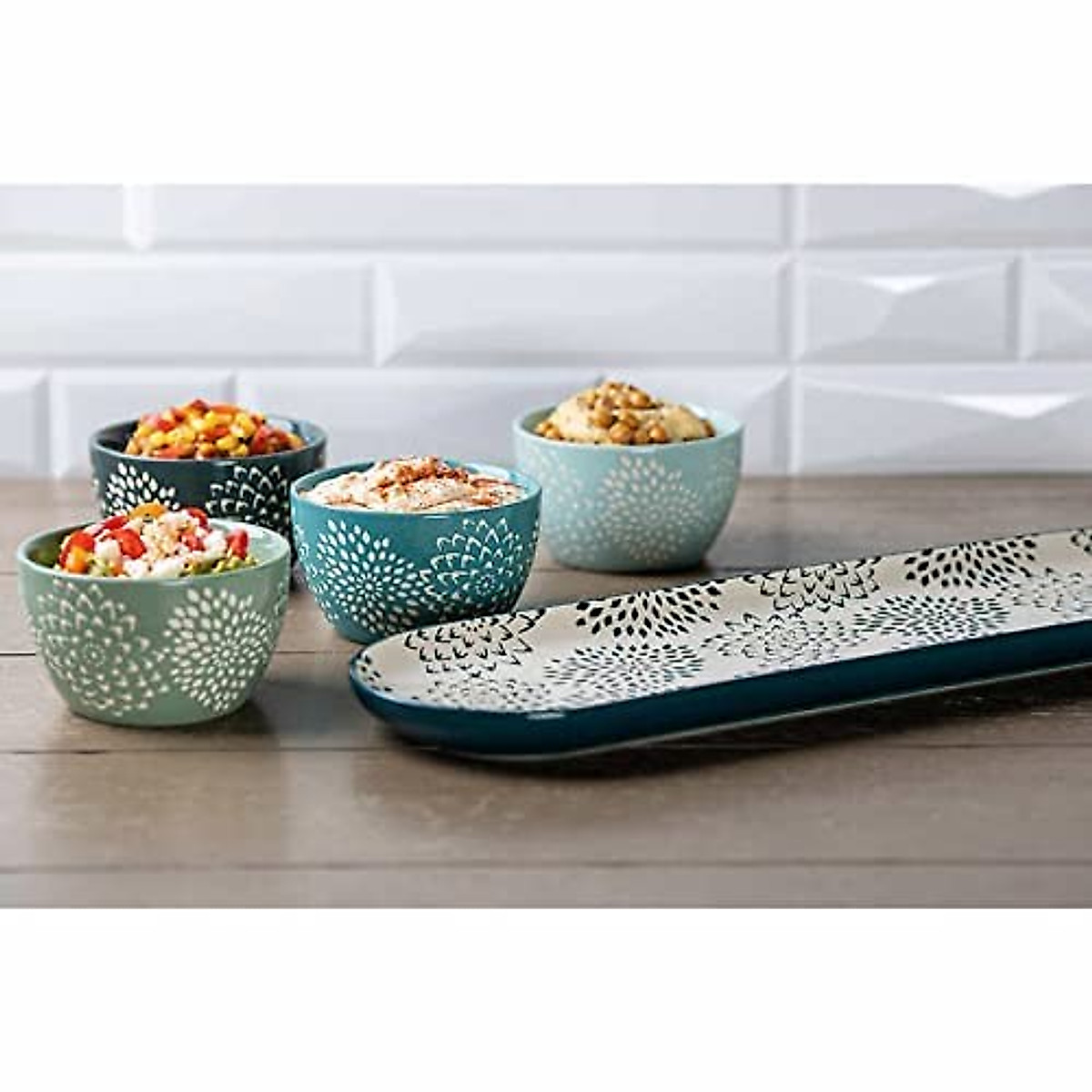 BAUM Mums Ceramic Serve 5-piece Serve Set (1) Tray & (4) Bowls Blue Floral Appetizer Serving Bowls Set, White