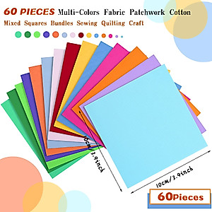 60 Pieces Solid Cotton Quilting Fabric Color Fabric Bundles Fabric Quilt Solid Quilting Squares Quilting Fabric Patchwork Sewing Craft Precut Fabric Scrap for DIY Crafts(4 x 4 Inch)