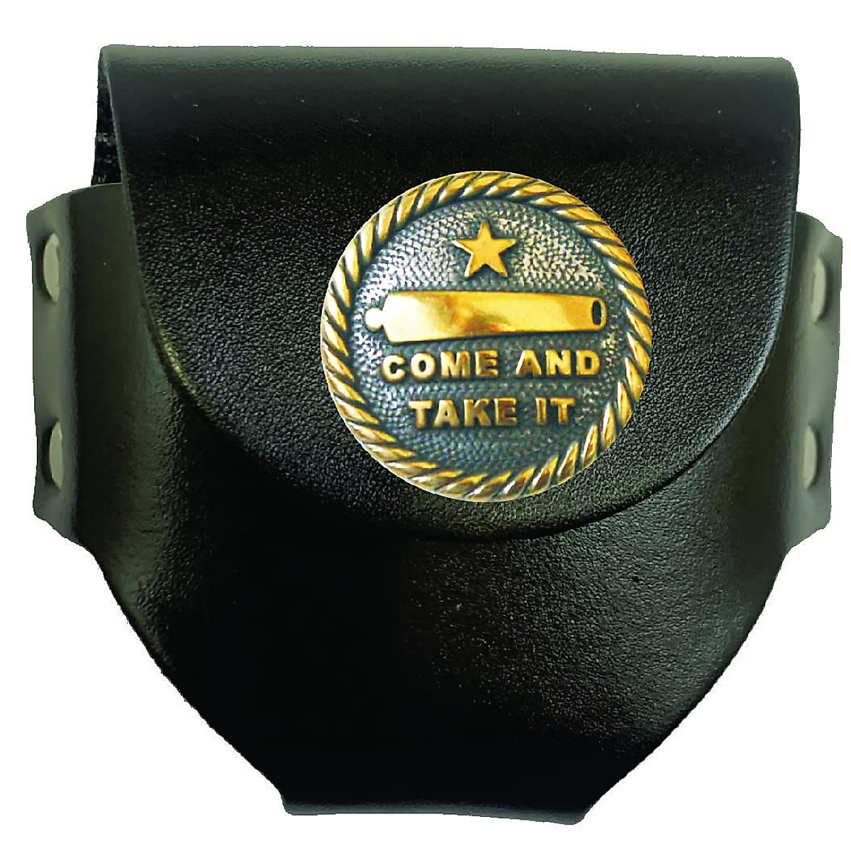 A Come and Take It Concho mounted on Genuine Black Leather Snuff Can Holder with Snap Closure