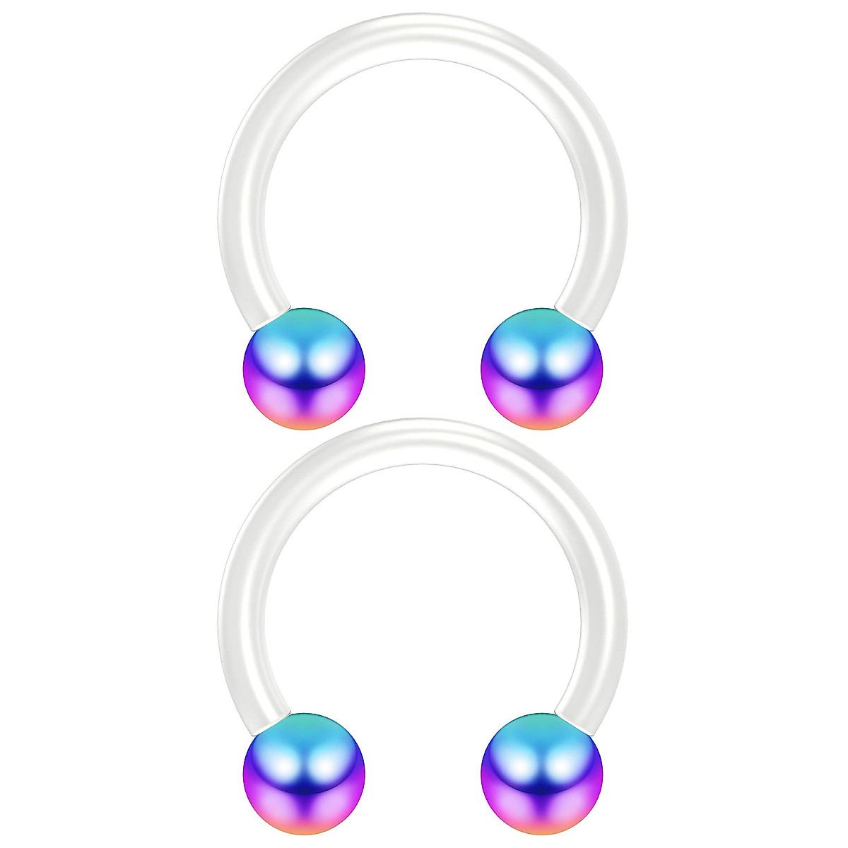 Evonix 2pc 16g Flexible Bioflex Circular Barbell Horseshoe Septum Ring Bioplast Piercing 8mm Rainbow Ball