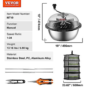 VEVOR Bud Leaf Trimmer with 19inch Trimming, SS Blades for Twisted Spin Cut Clear Visibility Dome, Foldable Herb Drying Rack and Hand Pruner, 19" Manual Bowl-Shape