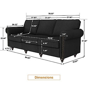 Nolany 3 Seater Sofa Linen Fabric Couch with Reversible Back Cushions Upholstered Sofa 3-Seat Couch for Small Space, Dark Grey