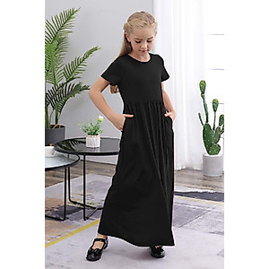 GORLYA Girl's Short Sleeve Floral Print Loose Casual Holiday Long Maxi Dress with Pockets (14Years/Height:160cm, Black Color)
