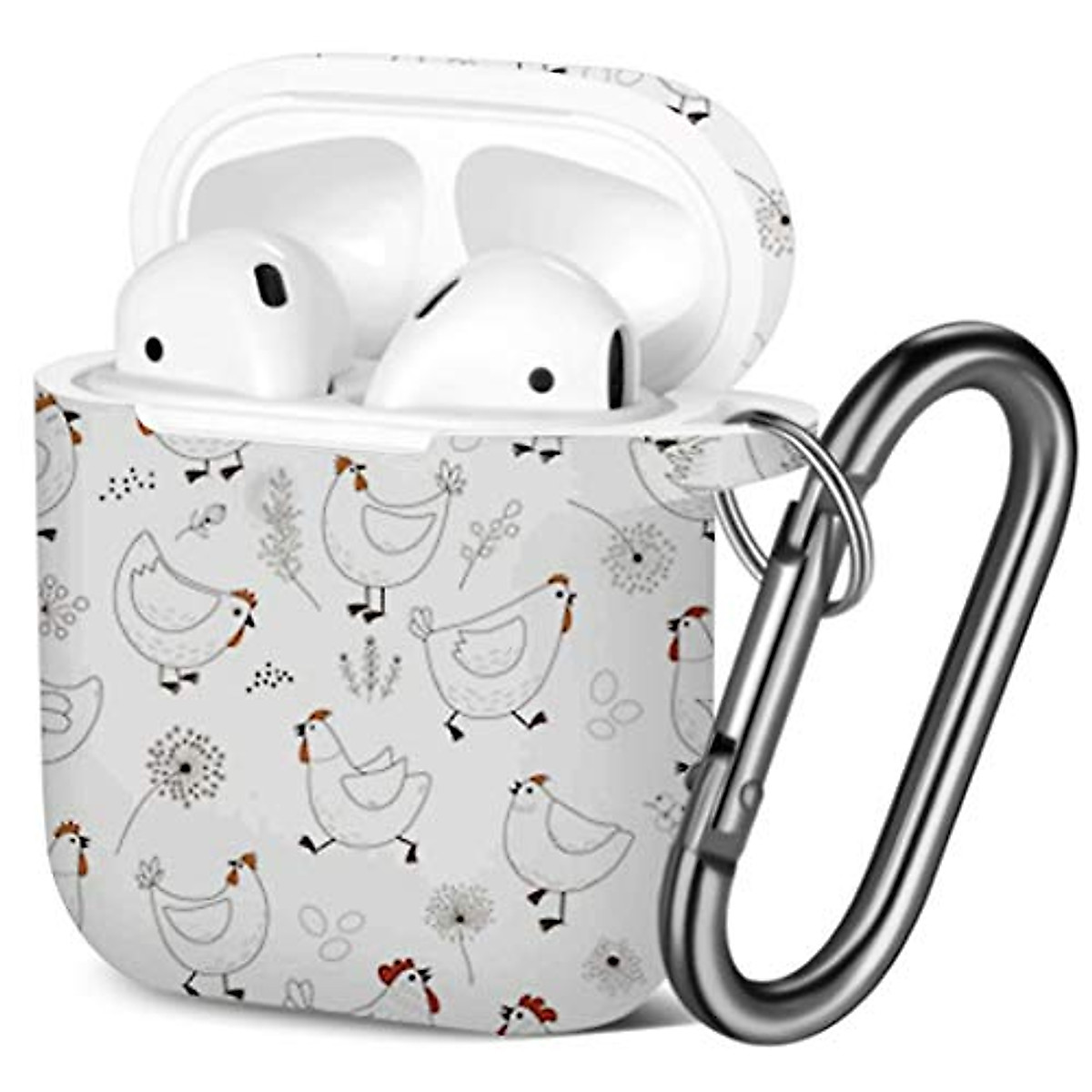 [ Compatible with AirPods 2 and 1 ] Shockproof Soft TPU Gel Case Cover with Keychain Carabiner for Apple AirPods (Chicken Cartoon)