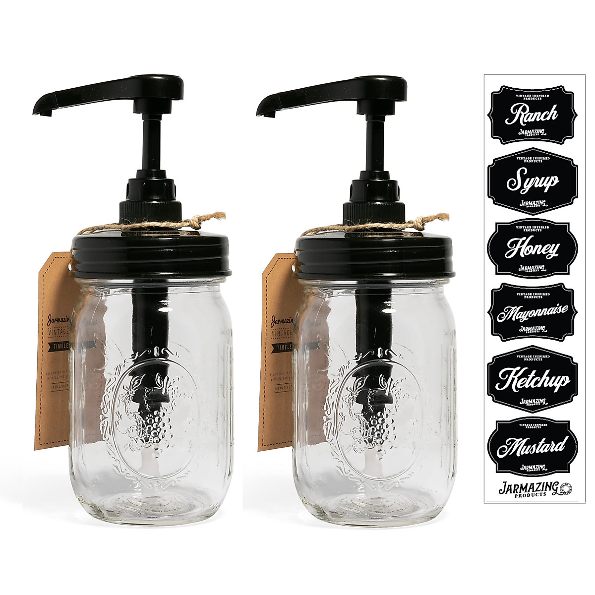 Jarmazing Products Mason Jar Syrup Dispenser - Set of 2 – 16 oz Ball Jars with Rust-Proof, Leak-Proof, Food Grade Pumps for Honey, Syrups, Condiments, Salad Dressings and More