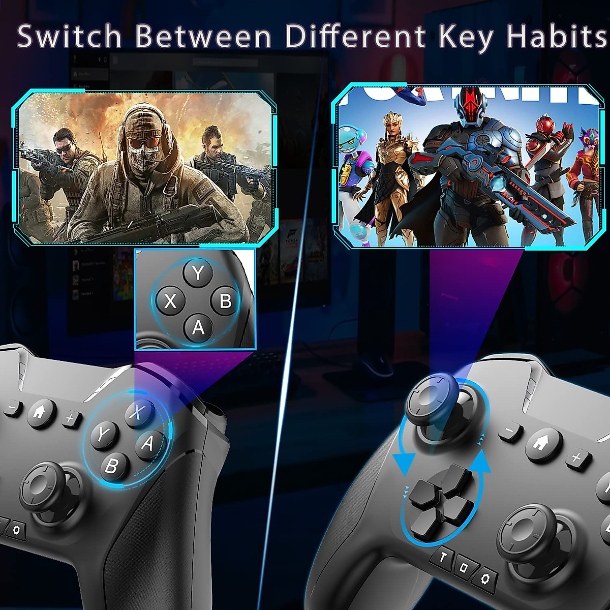 UNIHOW Bluetooth Game Controller for PC, Mac, Nintendo Switch, iOS, Android - Dual Motor, 6-Axis Gyroscope, Backlit, Ergonomic Design