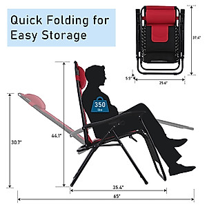 PHI VILLA Set of 2 Padded Zero Gravity Lounge Chair Folding Patio Recliner with Adjustable Headrest & Cup Holder, Support 350 LBS(Red)