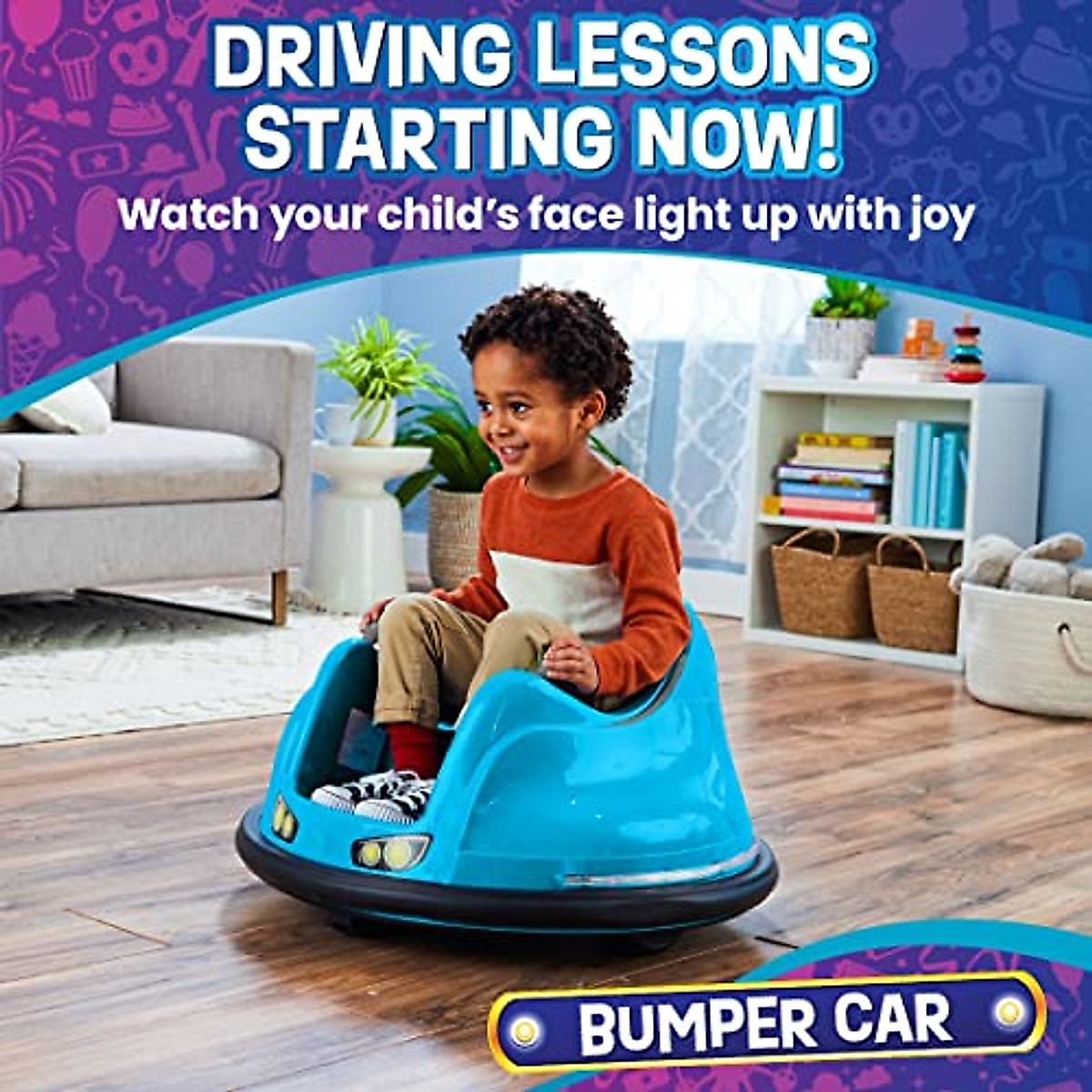 Flybar FunPark 6V Bumper Car for Toddlers, Electric Toddler Ride On Toys for Kids, Baby, Ages 1.5-4 Years, LED Lights, 360 Degree Spin, Supports up to 66 pounds (No Remote), Large, 6v Pink/Purple