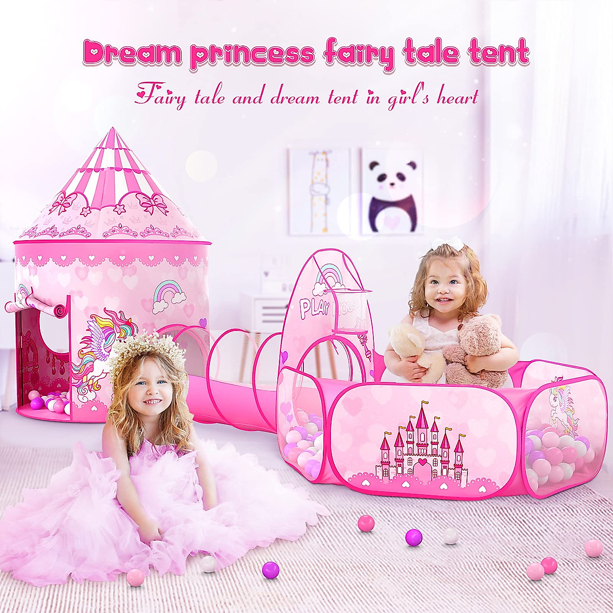 GeerWest 3PC Princess Tent for Girls with Kids Ball Pit and Crawl Tunnel for Toddlers, Pink Pop Up Playhouse Toys Indoor& Outdoor for Birthday Gifts