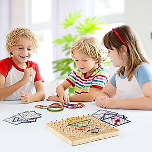 SGVV90 Wooden Geoboard,Mathematical Manipulative Material Array Block Geo Board with Pattern Cards and Rubber Bands to Create Figures and Shapes,Montessori Toy,Brain Teaser STEM Toy for Children Kids