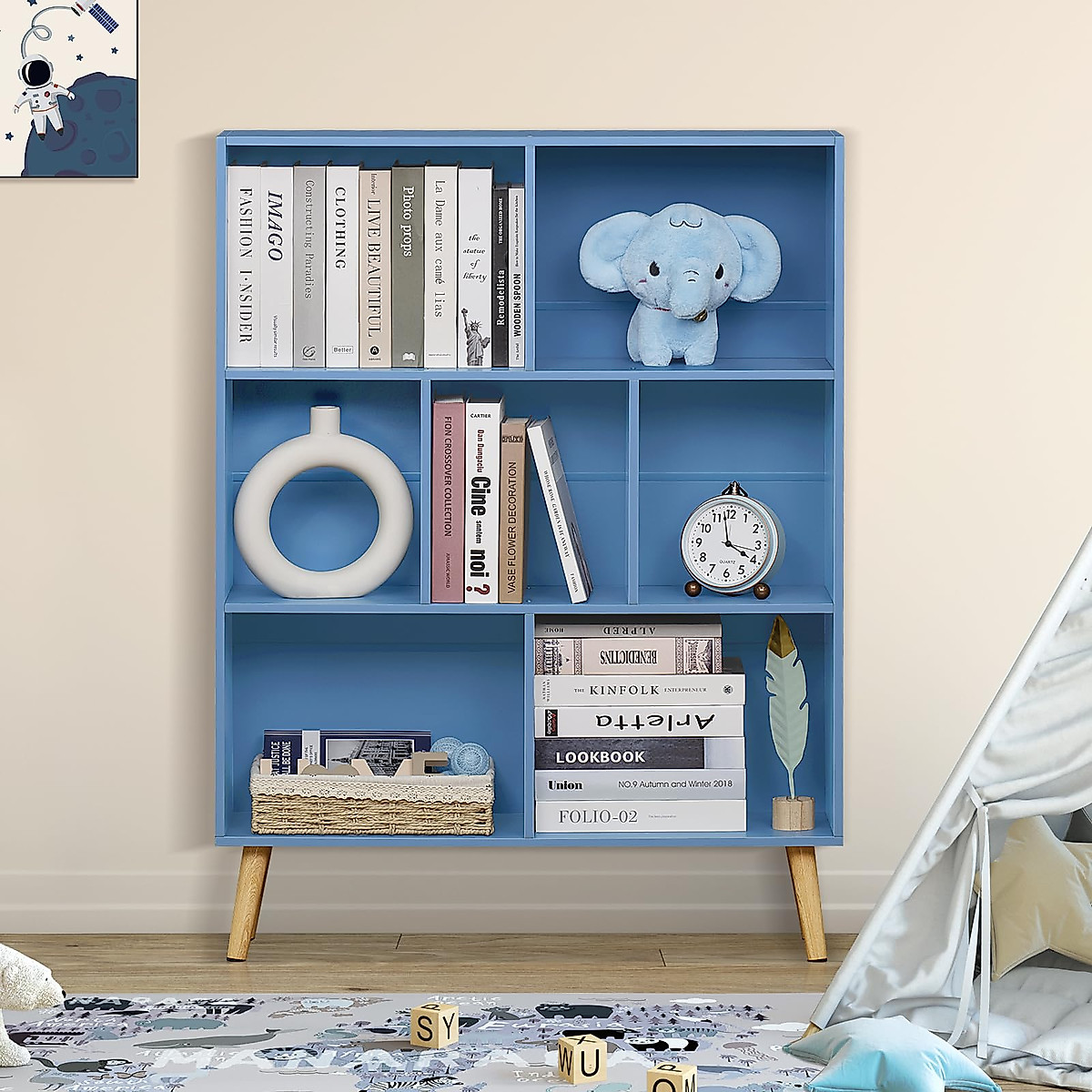 YAHARBO 7 Cube Bookshelf, Blue Kids Book Shelf with Cubby Storage,Wooden Modern Bookcase with Legs,3 Tier Freestanding Display Book Case,Children Toy Organizer,Bookshelves for Office,Nursery,Playroom