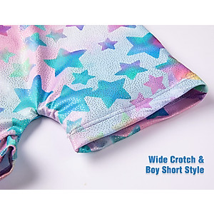 TENVDA Gymnastics Leotards for Girls 7-8 Years Old Sparkly Hotpink Stars Print Tank Biketard with Shorts Kids Unitard