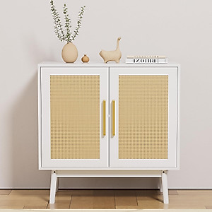 LYNSOM Sideboard Buffet Cabinet with Storage, Kitchen Buffet Cabinet with Rattan Doors and Adjustable Shelf, Small Storage Cabinet with Solid Wood Feetfor Hallway, Entry, Living Room, White