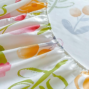 100% Cotton Fitted Sheet with Elastic Bands + 2pc Pillowcases Non Slip Bed Sheet Floral Single Double Twin Twin-XL King Queen Cal-King Bed B84 (Queen (U.S. Standard))