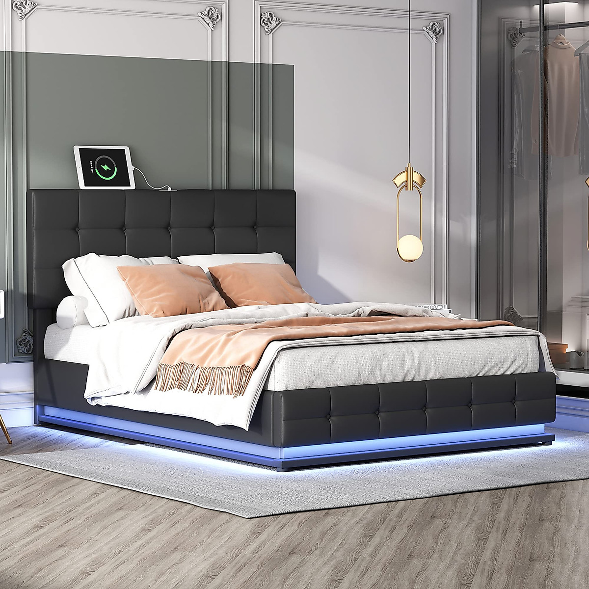 Morhome Queen Platform Upholstered Bed Frame with 4 Storage Drawers and Wingback Headboard, Diamond Stitched Button Tufted Bed Frame, No Box Spring Needed