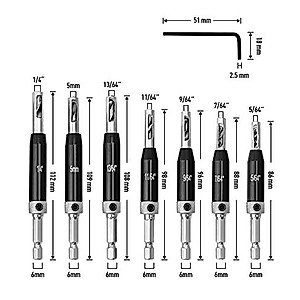 QWORK VIX Bits Self Centering Clic Change Door Hinge Drill Bit Set High-Speed Steel, 5/64", 7/64", 9/64", 11/65", 5mm, 13/64", 1/4"(Black)