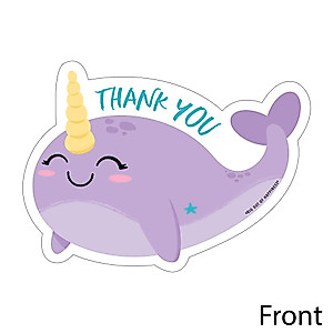 Big Dot of Happiness - Narwhal Girl - Shaped Thank You Cards - Under The Sea Baby Shower or Birthday Party Thank You Note Cards with Envelopes - Set of 12
